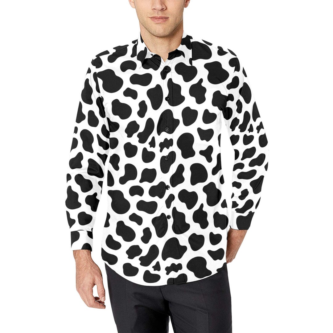 Cow Print Long Sleeve Men Button up Shirt, Black White Animal Guys Male ...