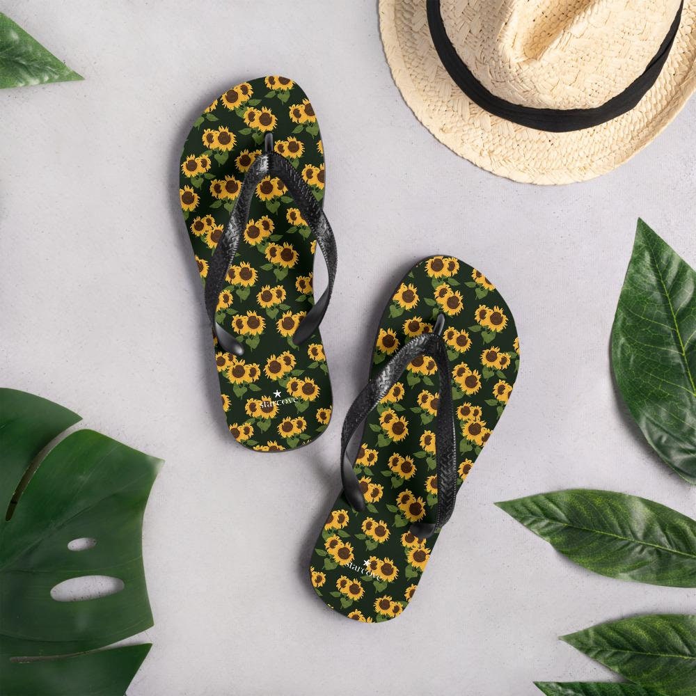 Sunflower Flip Flops Floral Flower Footwear Black Yellow | Etsy