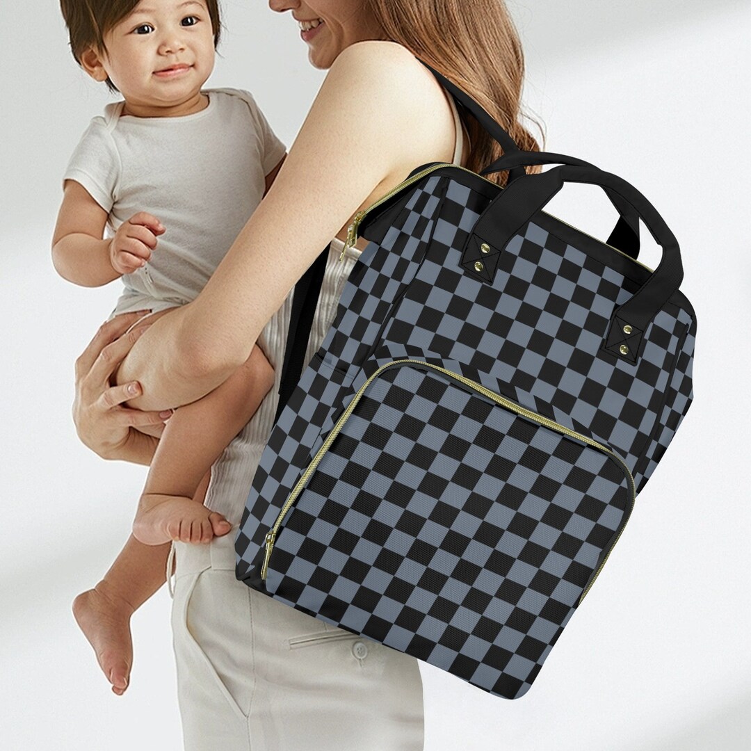 Checkered Diaper Bag Backpack, Black Grey Check Luxury Baby Boy Girl ...