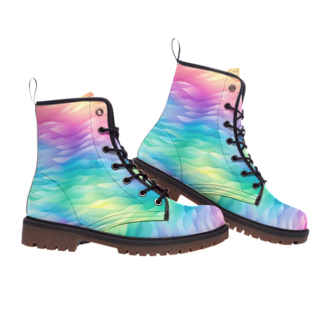 Rainbow Women Leather Boots, Ombre Tie Dye Gradient Vegan Lace up Shoes ...