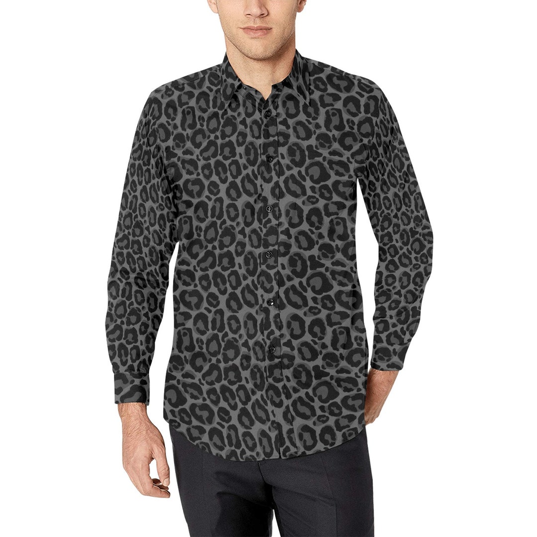 Black Leopard Men Button up Shirt, Long Sleeve Cheetah Animals Print ...
