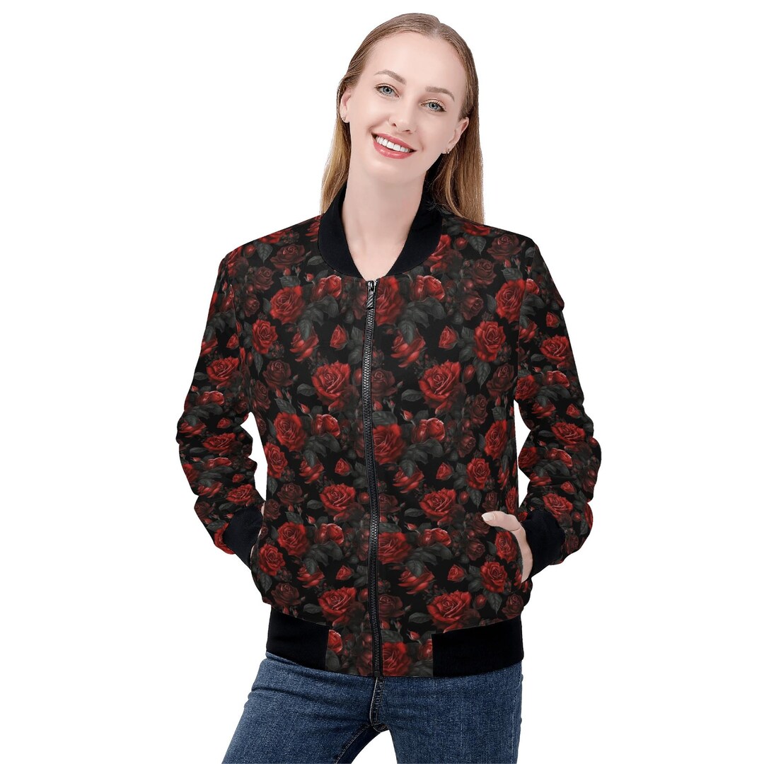 Red Roses Women Bomber Jacket, Black Floral Flowers Ladies Female Zip ...