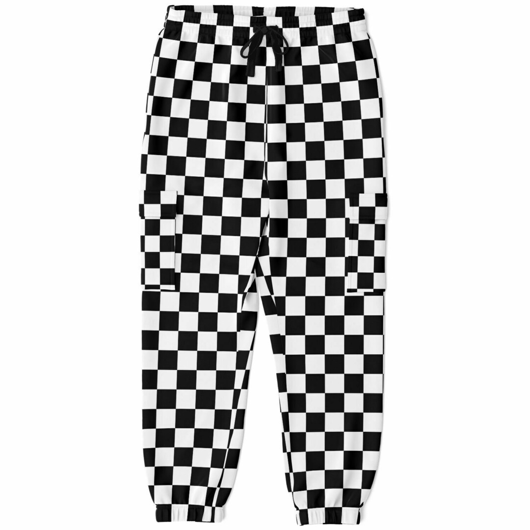 Checkered Cargo Pants With Flap Pockets, Black White Check Women Men ...