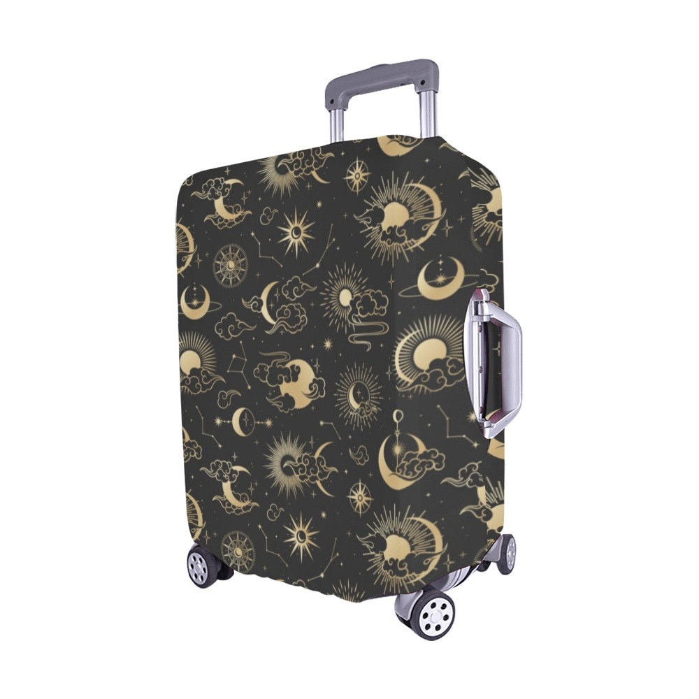 Sun Moon Luggage Cover, Black Gold Stars Boho Bohemian
