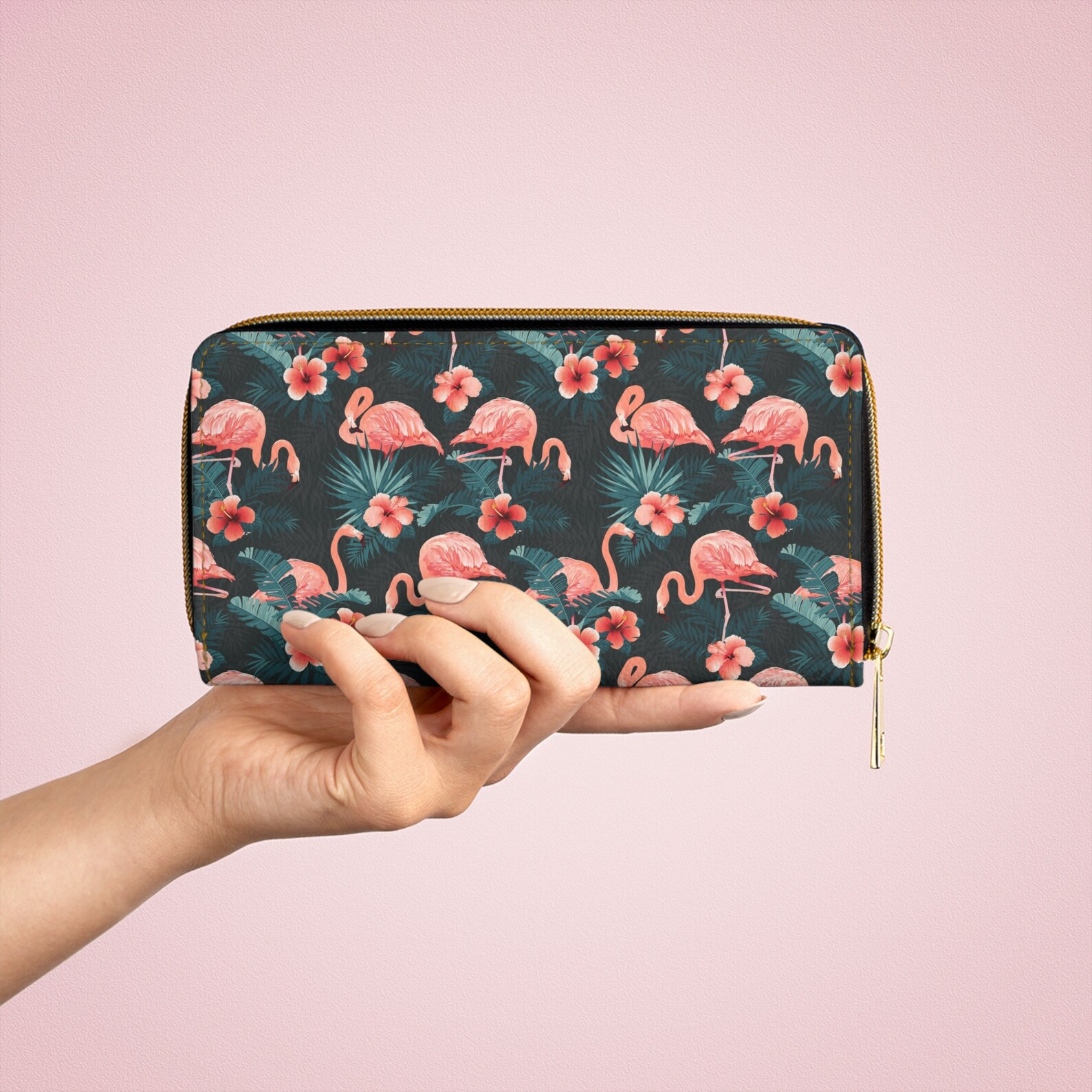 Pink Flamingo Leather Wallet Women, Floral Vegan Zipper Zip Around ...