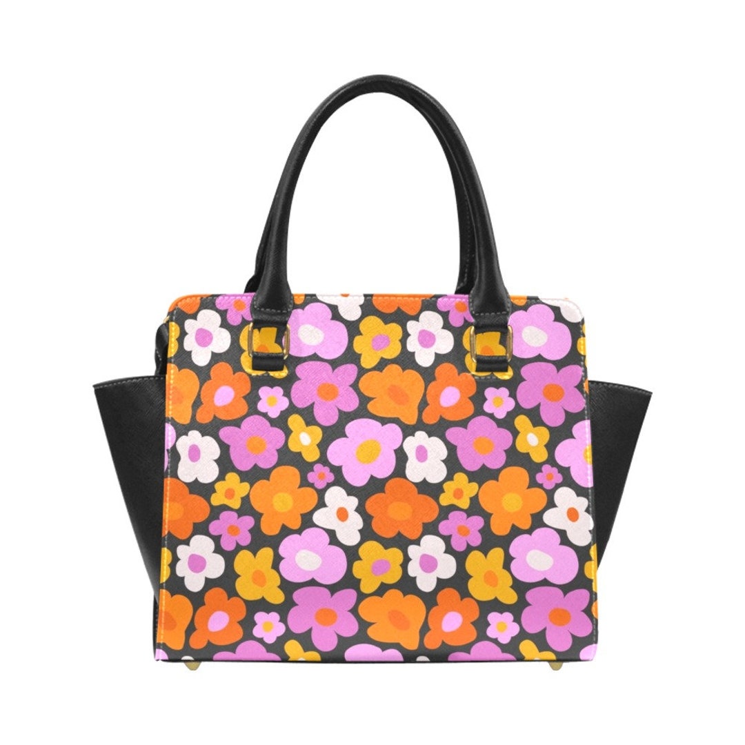 Groovy Pink Purse Handbag, Cute Retro Floral Orange Flowers Vegan ...