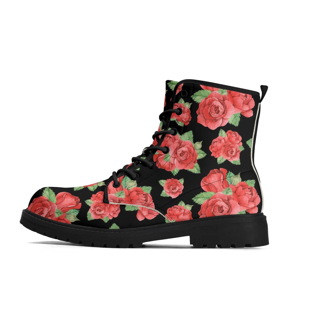 Leather Boots With Roses Women, Red Floral Flowers Lace up Shoes Hiking ...