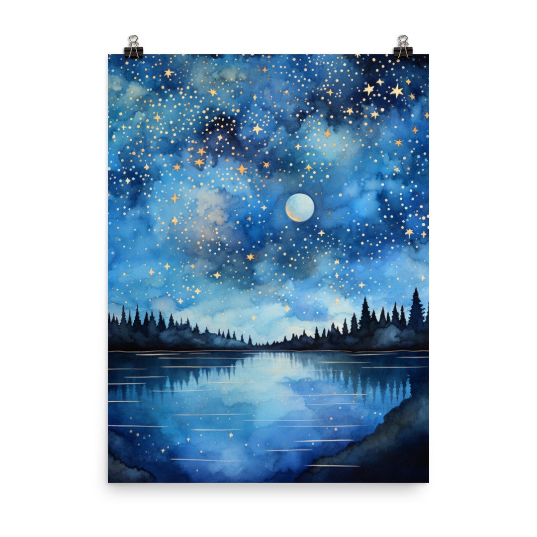 Starry Night Sky Poster Print, Watercolor Painting Picture Wall Image ...