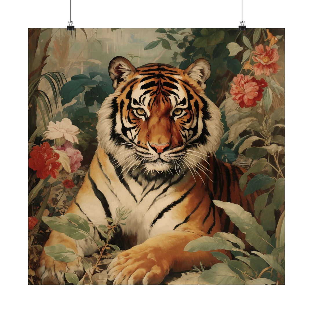Tiger Poster Print, Retro Vintage Jungle Wall Print Image Art Square ...