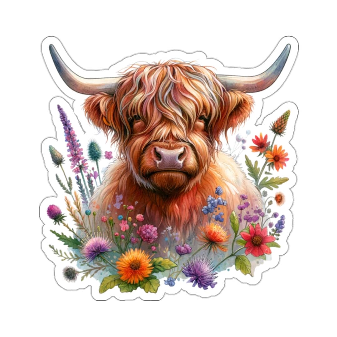 Scotland Highland Cow Sticker Decal, Floral Flowers Art Vinyl Laptop ...