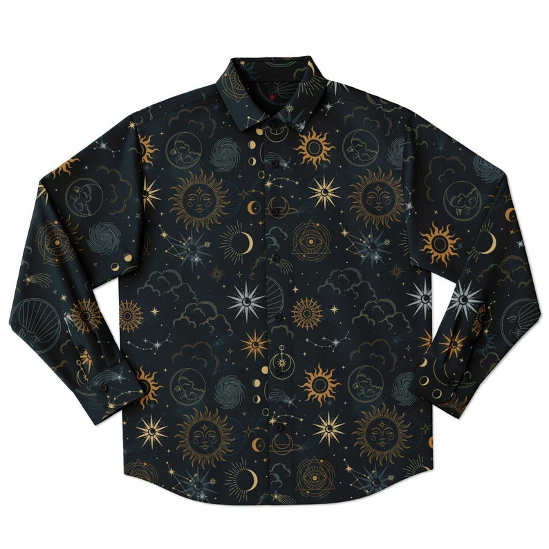 Stars Sun Moon Long Sleeve Men Button up Shirt, Celestial Space Guys ...