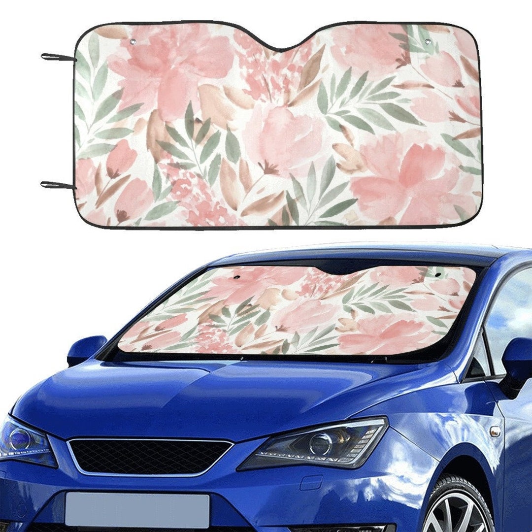 Watercolor Flowers Sun Windshield, Cute Floral Pastel Pink Car SUV ...