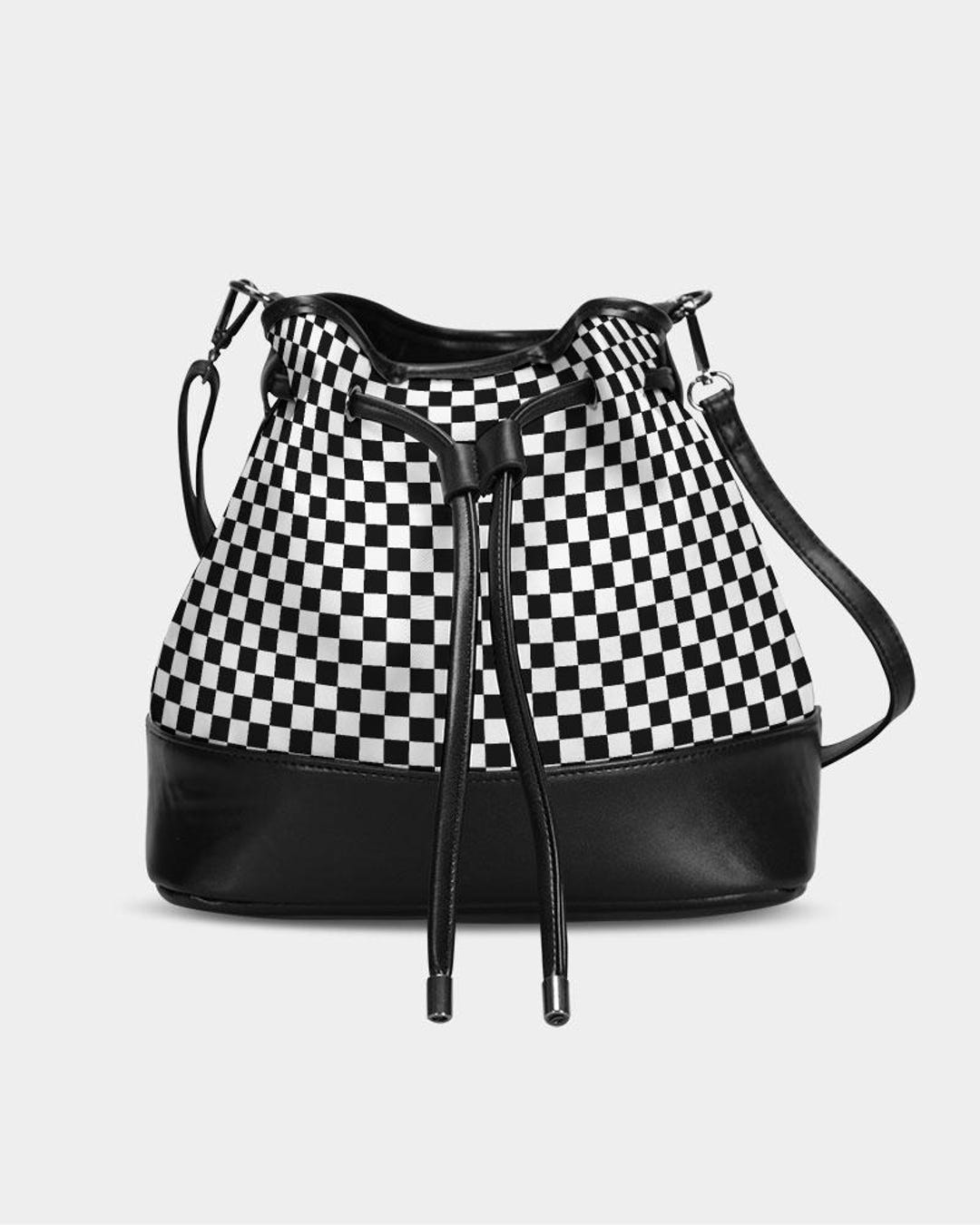 Black White Checkered Mini Bucket Bag, Racing Check Handbag Purse Women ...
