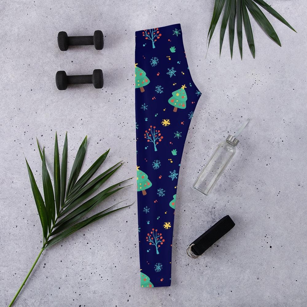 Christmas Leggings, Blue Snowflakes Xmas Tree Yoga Pants Printed Cute ...
