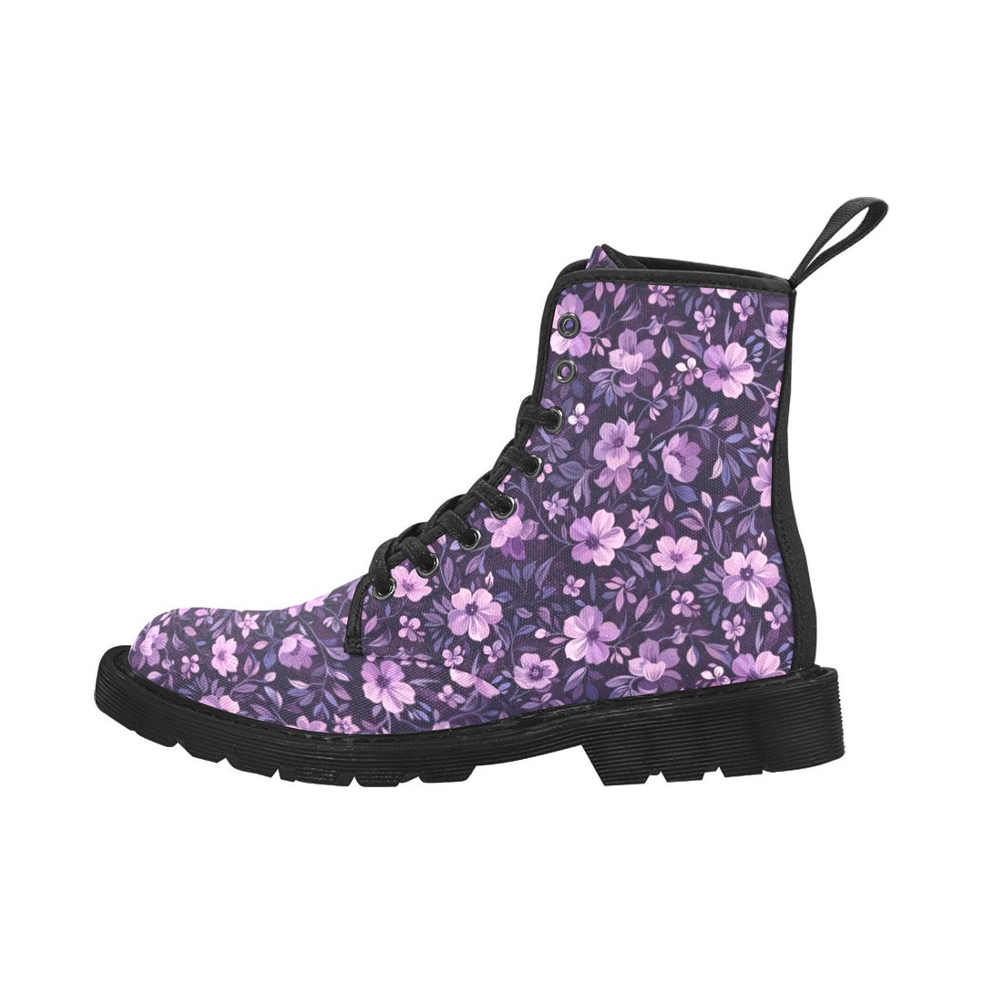 Purple Floral Women's Combat Boots, Flowers Punk Dark Vegan Black ...