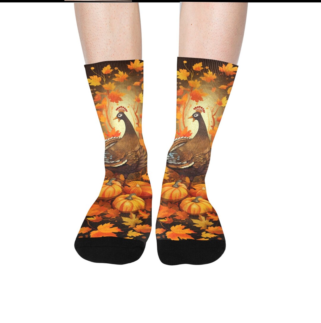 Thanksgiving Socks, Orange Fall Leaves Turkey Pumpkin Crew Sublimation ...