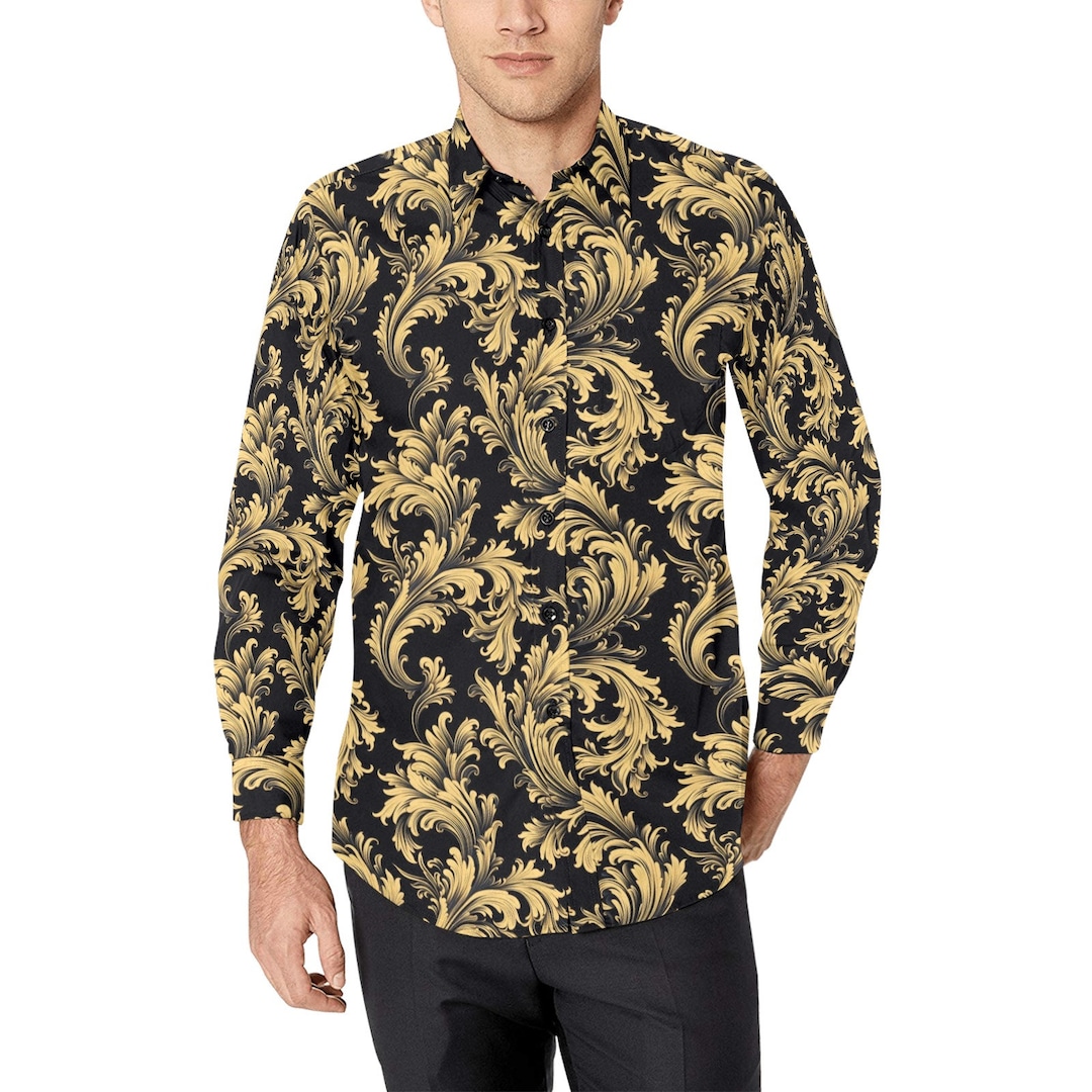 Black Gold Baroque Long Sleeve Men Button up Shirt, Vintage Retro Print ...