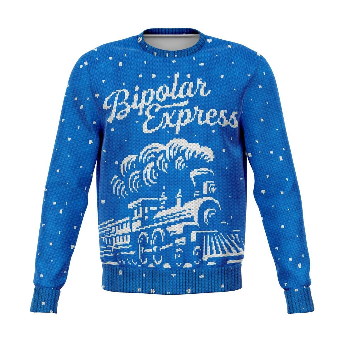 Bipolar Express Ugly Christmas Sweater, Snow Train Blue Funny Print ...