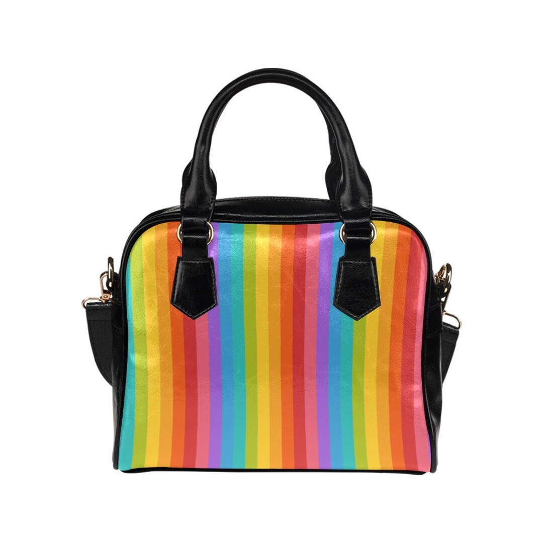 Rainbow Striped Purse, Black Cute Small Shoulder Bag High Vegan Leather ...