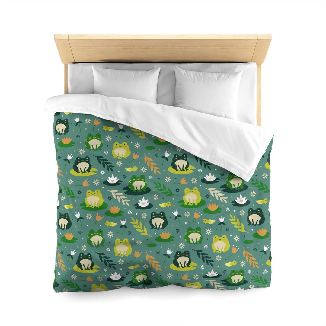 Frogs Duvet Cover, Cute Kawaii Animals Green Microfiber Full Queen King ...