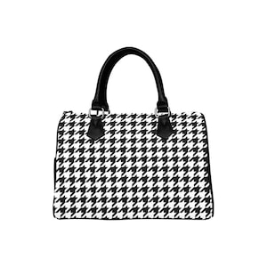 Houndstooth Top Handle Handbag, Black White Art Print Purse Canvas and ...