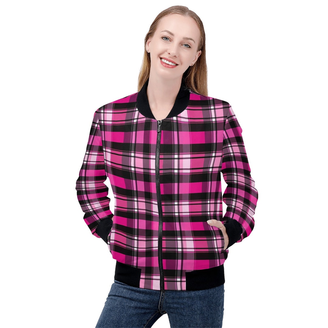 Pink Plaid Women Bomber Jacket, Black Check Tartan Zip up Streetwear ...