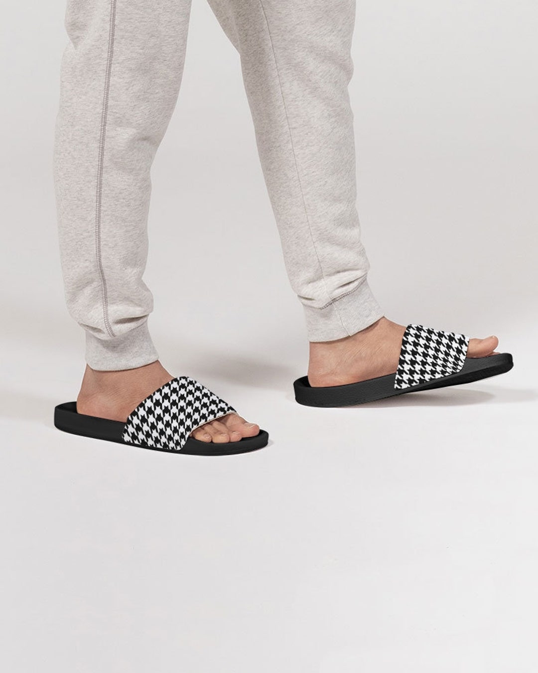 Houndstooth Black White Men Slides Sandals, Designer Shoe Boys Flat ...