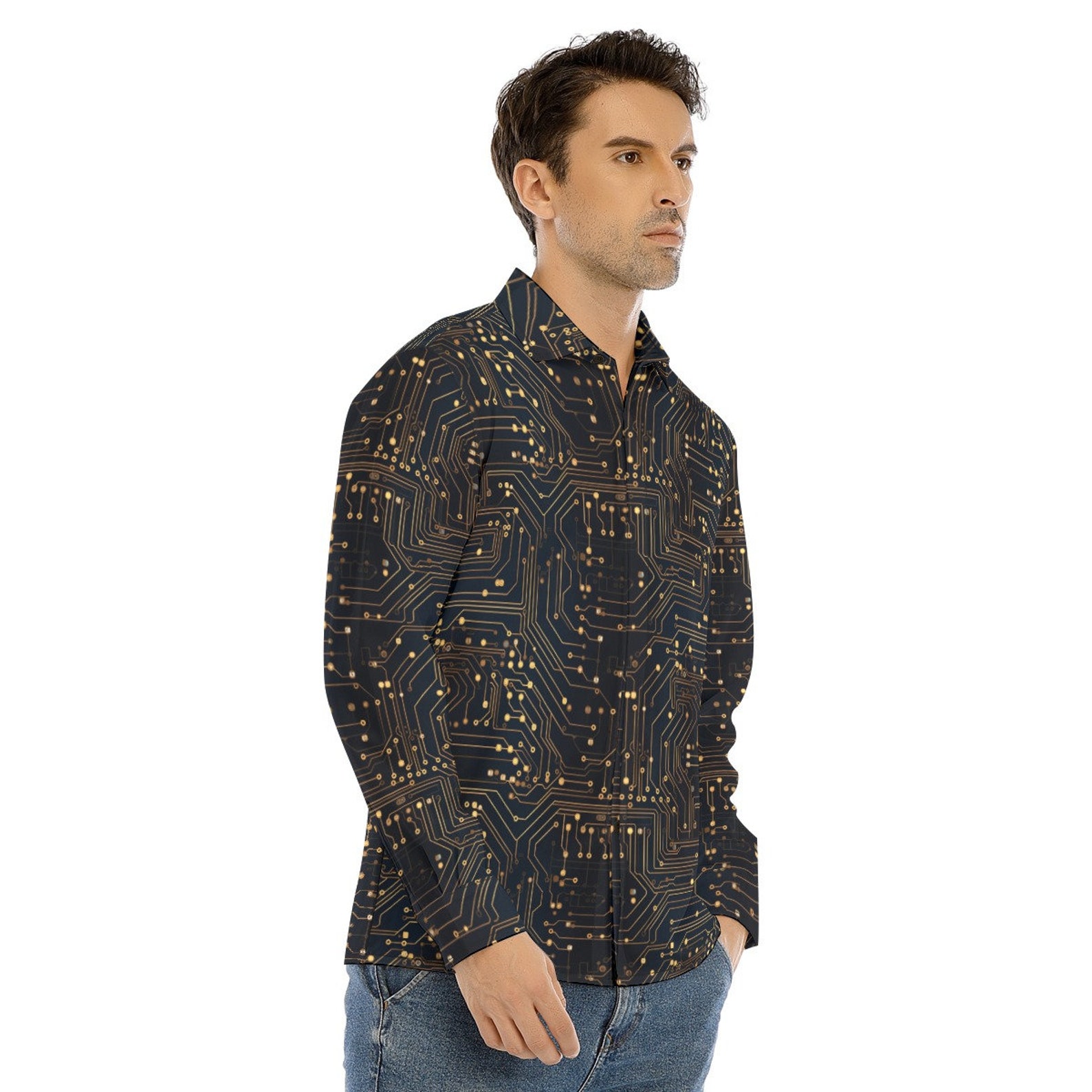Engineer Men's Lapel Collar Shirt Concealed Placket, Circuit Board ...