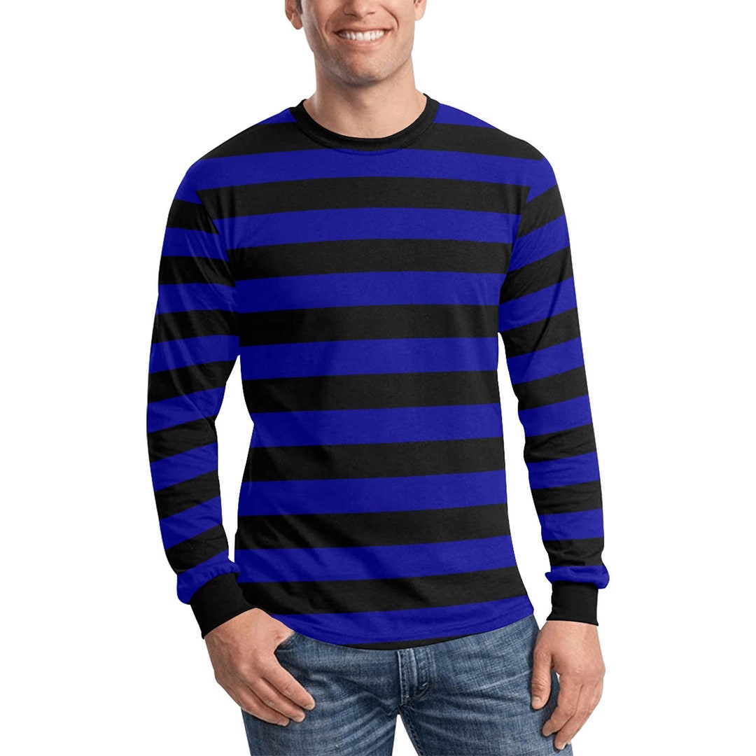 Black and Blue Men Long Sleeve Striped Tshirt, Graphic Vintage Retro ...