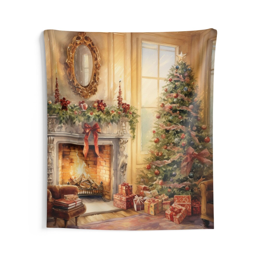 Christmas Tree Fireplace Tapestry, Vintage Retro Wall Art Hanging Cool ...