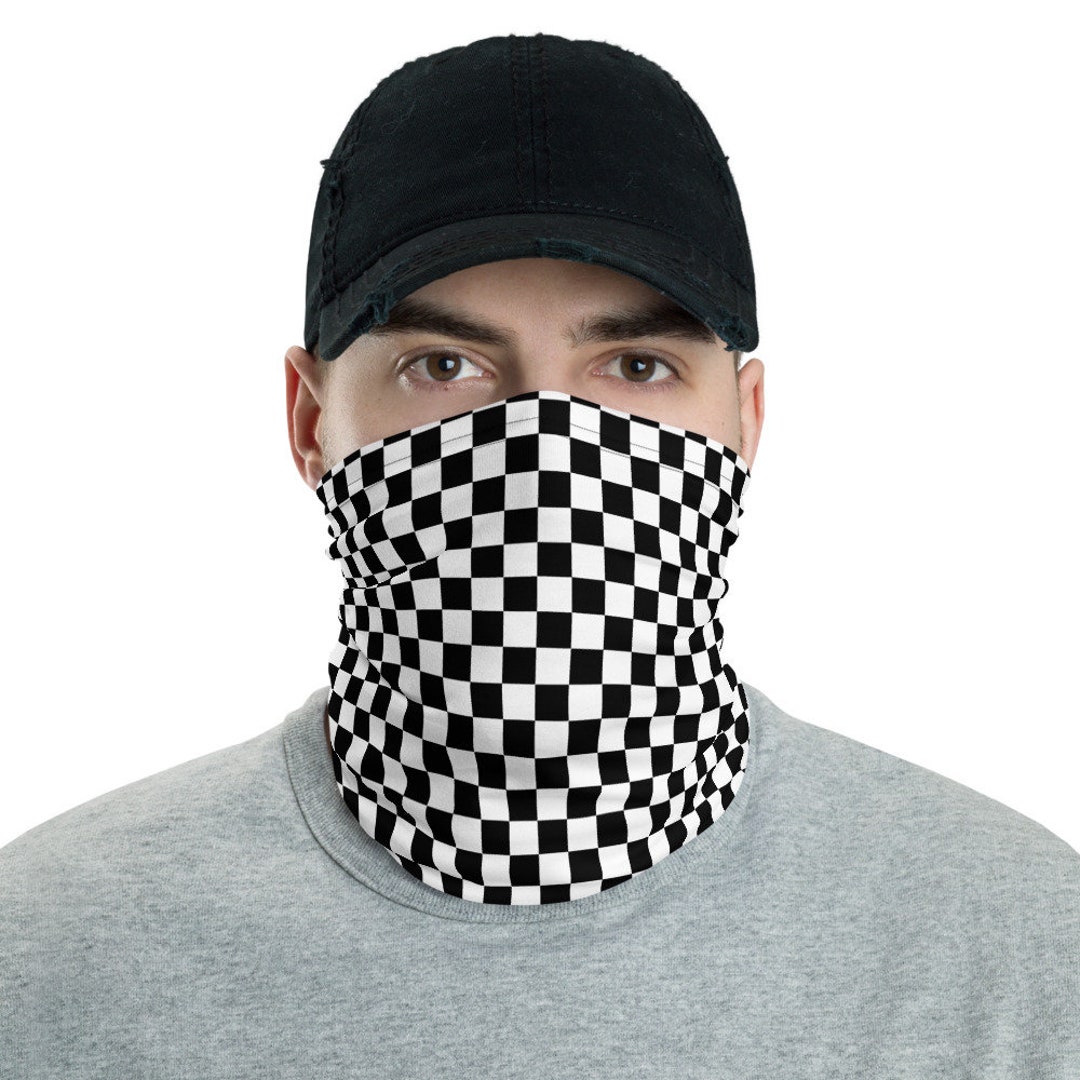 Black White Check Face Mask Neck Gaiter, Checkered Gingham Racing ...