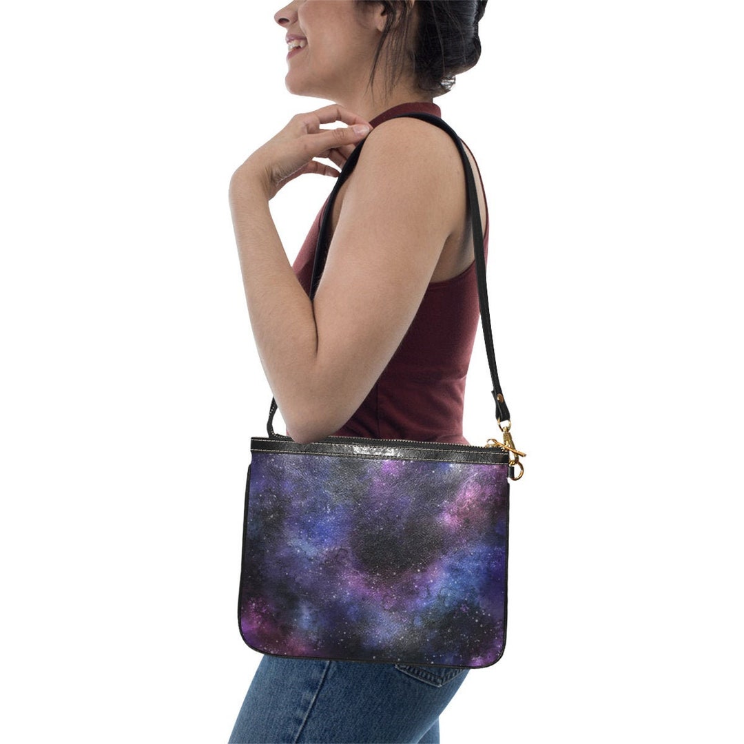 Galaxy Print Small Shoulder Bag, Space Stars Purple Women Leather With ...