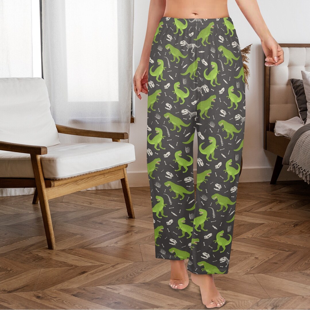 Dino Women Pajamas Pants, Dinosaurs T Rex Green Christmas Xmas Satin PJ ...