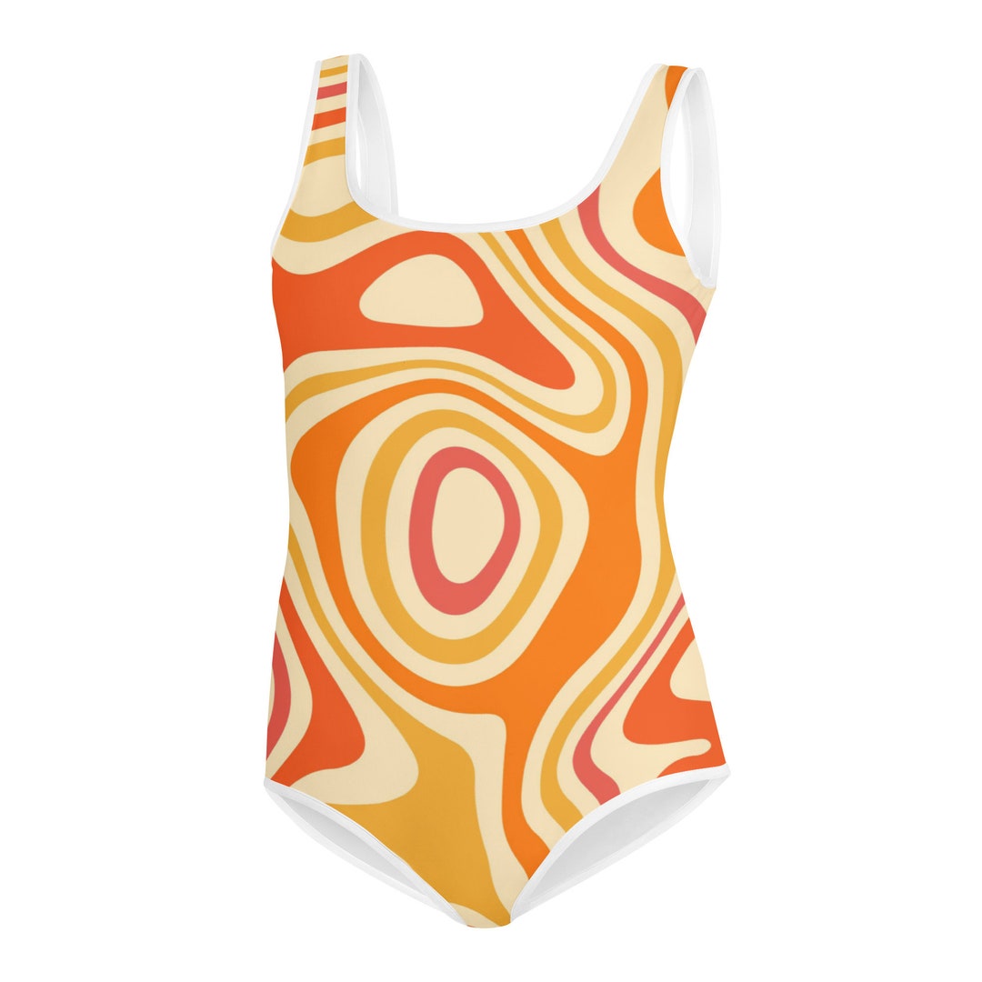 Groovy Orange Girls Swimsuits (8 - 20), Retro Funky 70s Cute Kids Jr ...