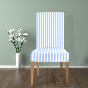 Light Blue Striped Dining Chair Seat Covers, White Stretch Slipcover ...