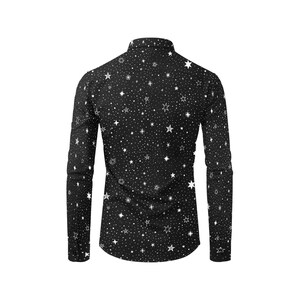 Stars Long Sleeve Men Button up Shirt, Space Black White Print Dress ...