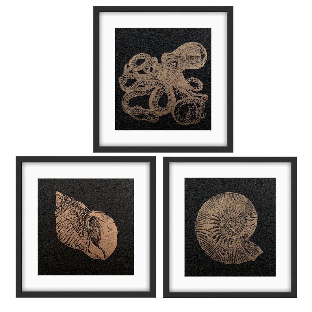 Sea Life Triptych Original Linocut Prints - Copper on Black - Etsy