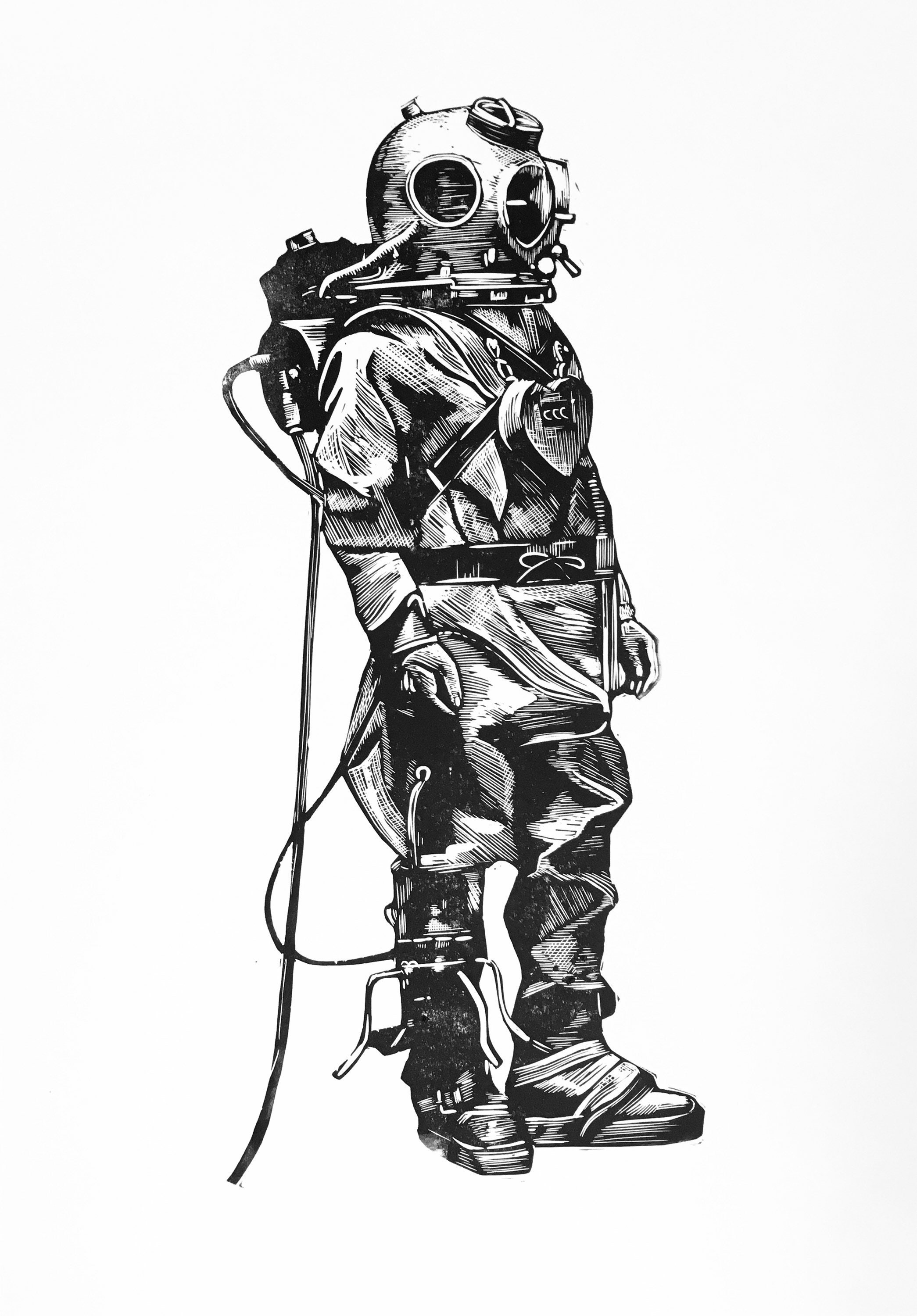 Deep Sea Diver I - Original Linocut Art Print - A3 (unframed) - Etsy UK
