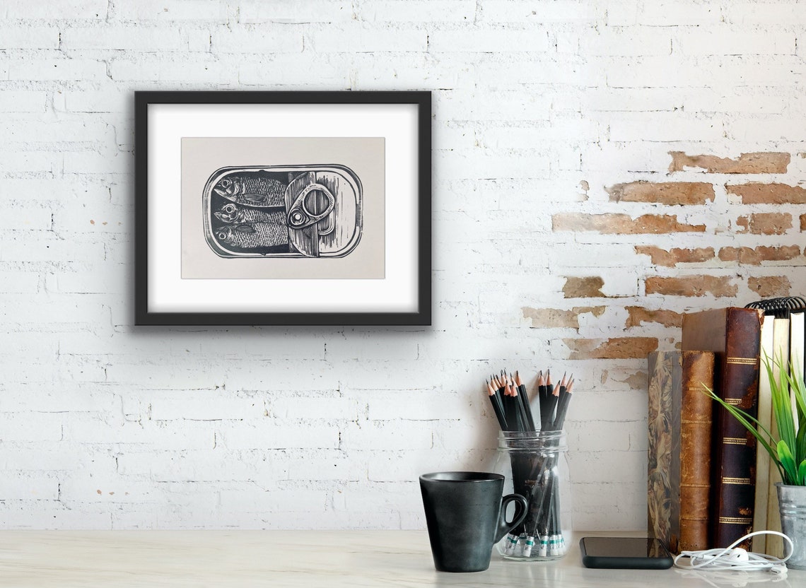 Tin of Sardines Original Linocut Print unframed | Etsy