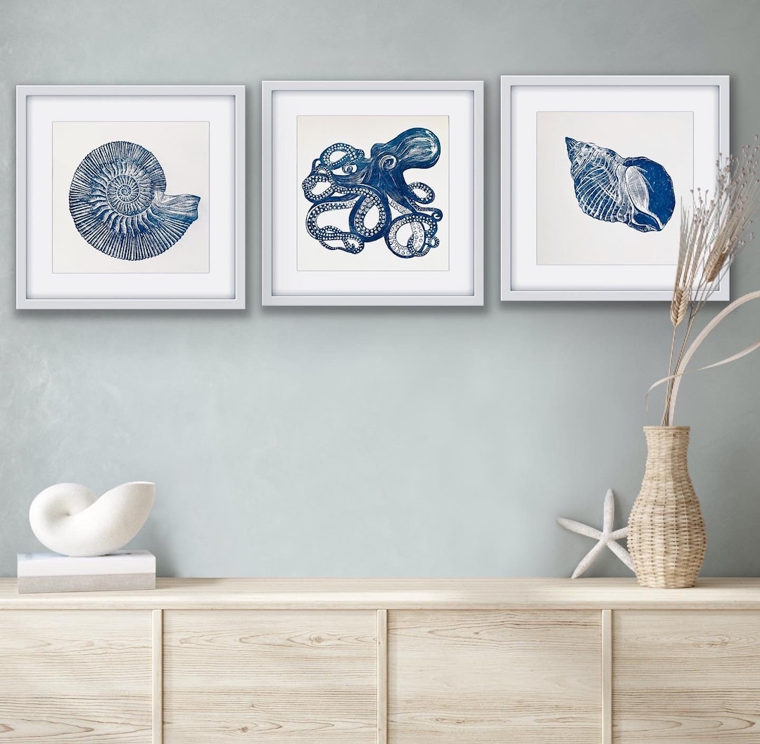 Sea Life Triptych Original Linocut Prints - Cerulean Blue - Etsy