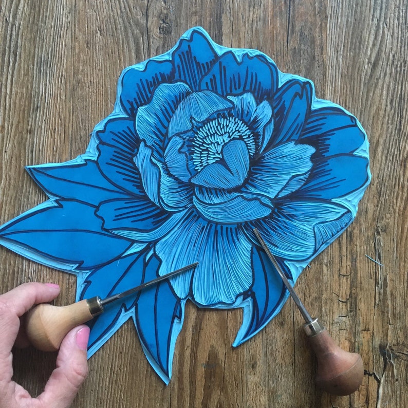 Metallic Copper Peony Original Linocut Print unframed - Etsy