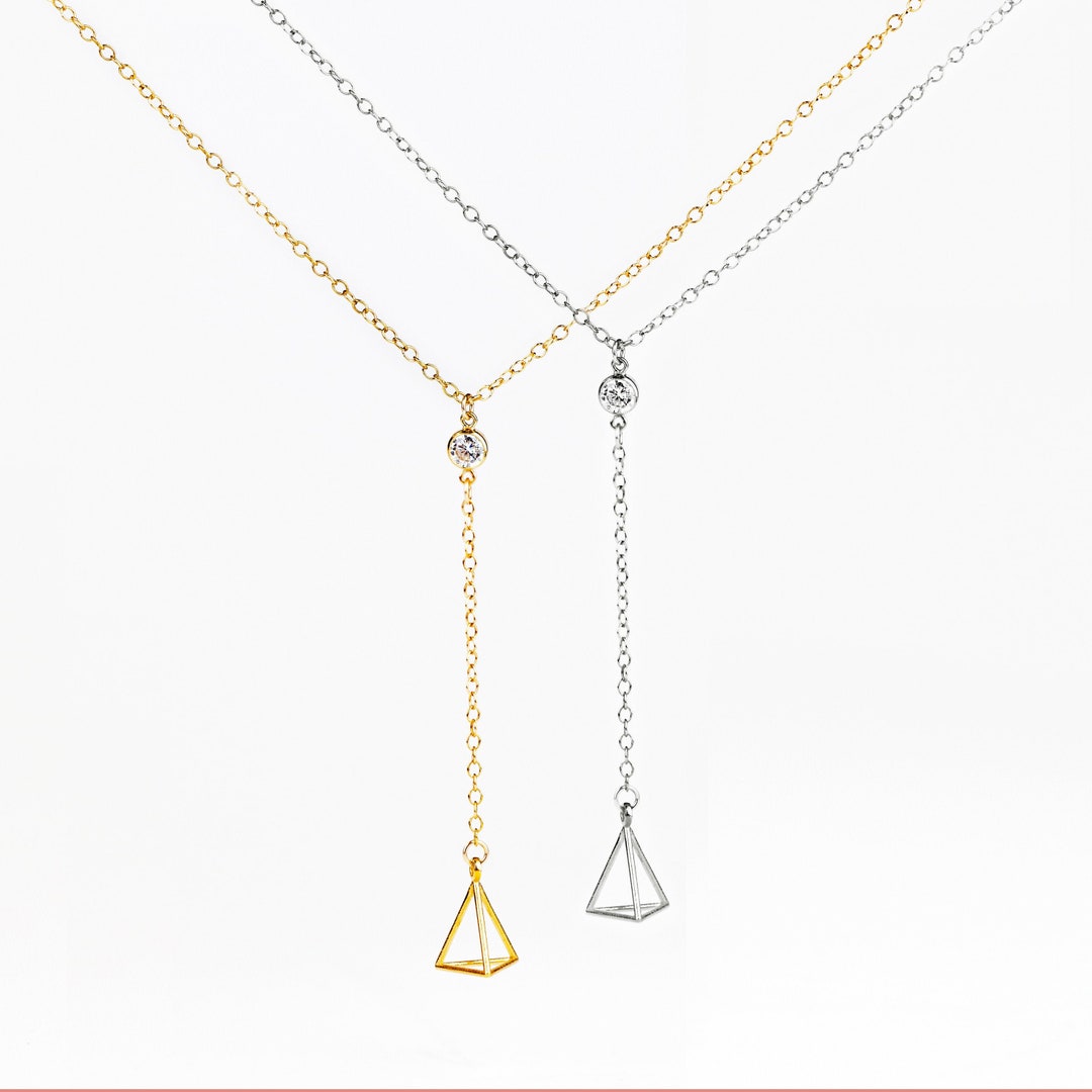 Collar Cúbico Zirconia Lariat con Triángulo 3D, Collar Drop, Collar CZ, Collar Vermeil/Plata Oro ...