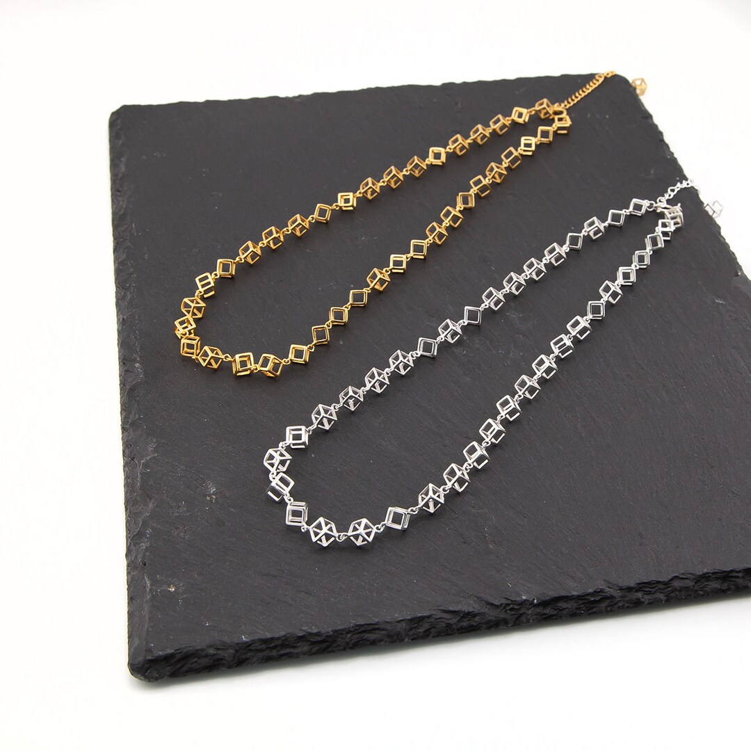 Silver Cube Chain Necklace, 14K Gold Vermeil Cube Necklace, Cube Link ...
