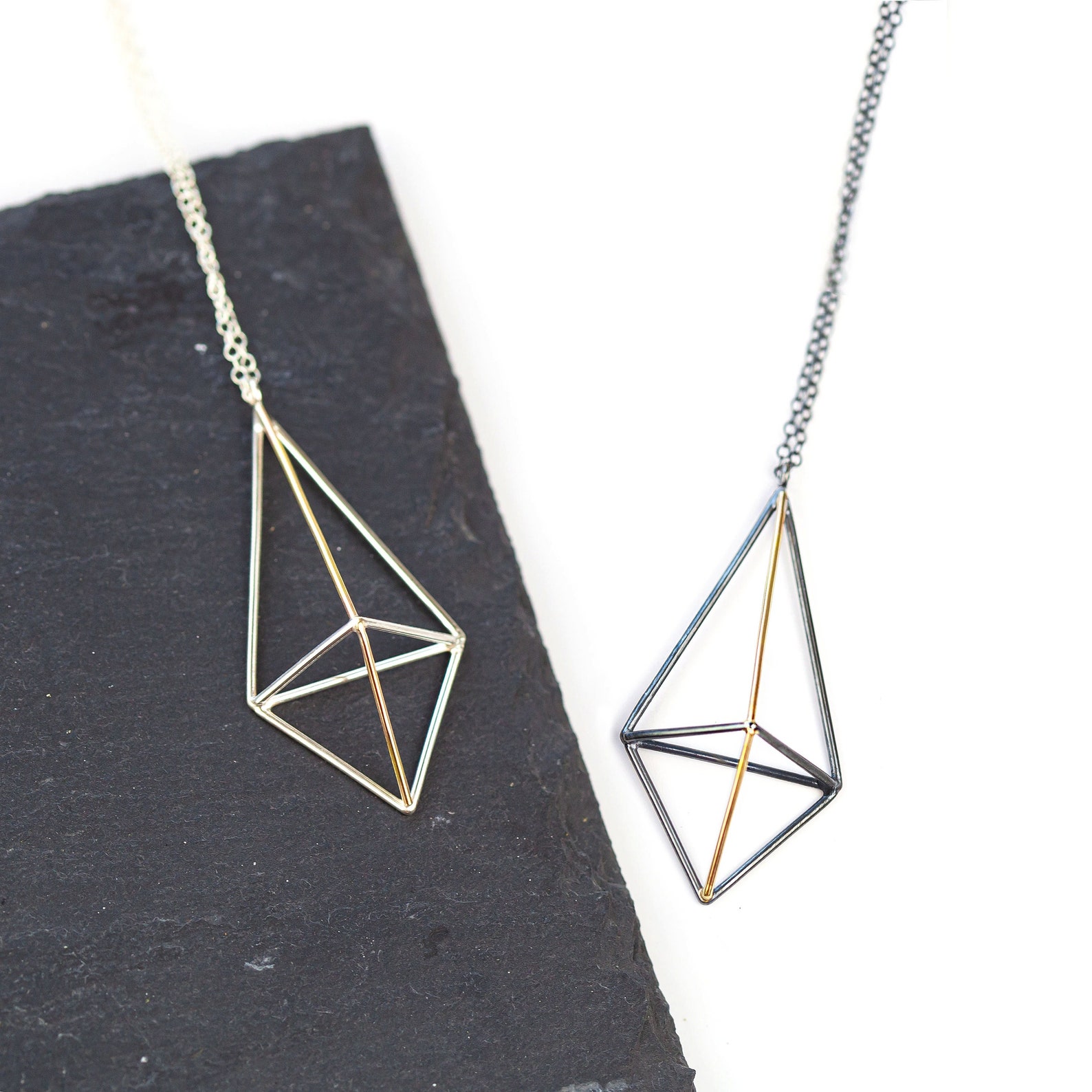 Pyramid Necklace in 14k Gold and Sterling Silver, 14k Pendant, Gold ...