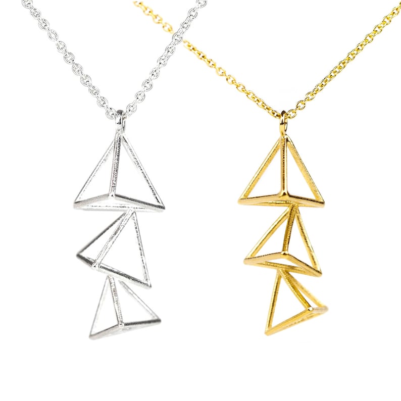 Vertical Triple Triangle Necklace, 3D Triangle Necklace, Geometric ...