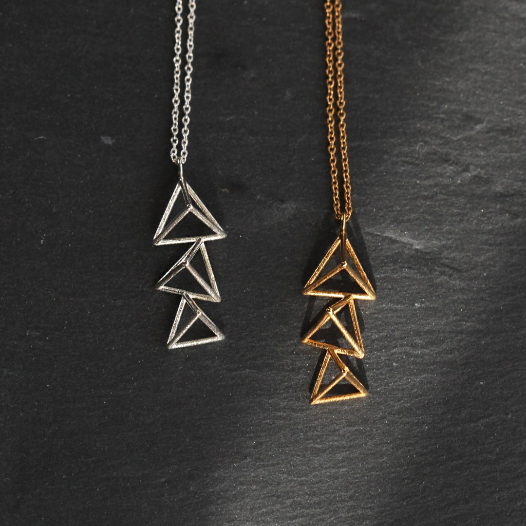 Vertical Triple Triangle Necklace, 3D Triangle Necklace, Geometric ...