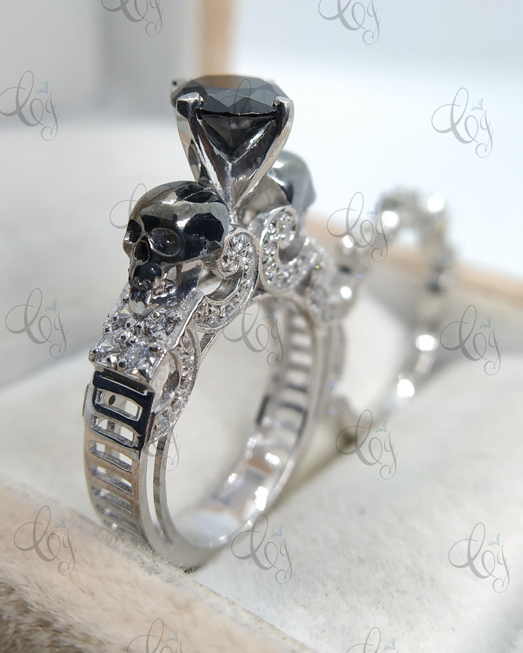 2.89ct Round Cut Black Diamond Two Gothic Skull Wedding Engagement ...