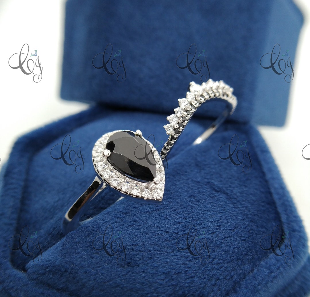 2.50 CT Black Onyx Engagement Ring Set, Pear Shaped Onyx Wedding Ring ...