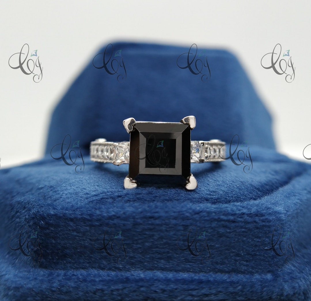 3.00 Carat Black Princess Onyx Diamond Art Deco Style Engagement Ring ...
