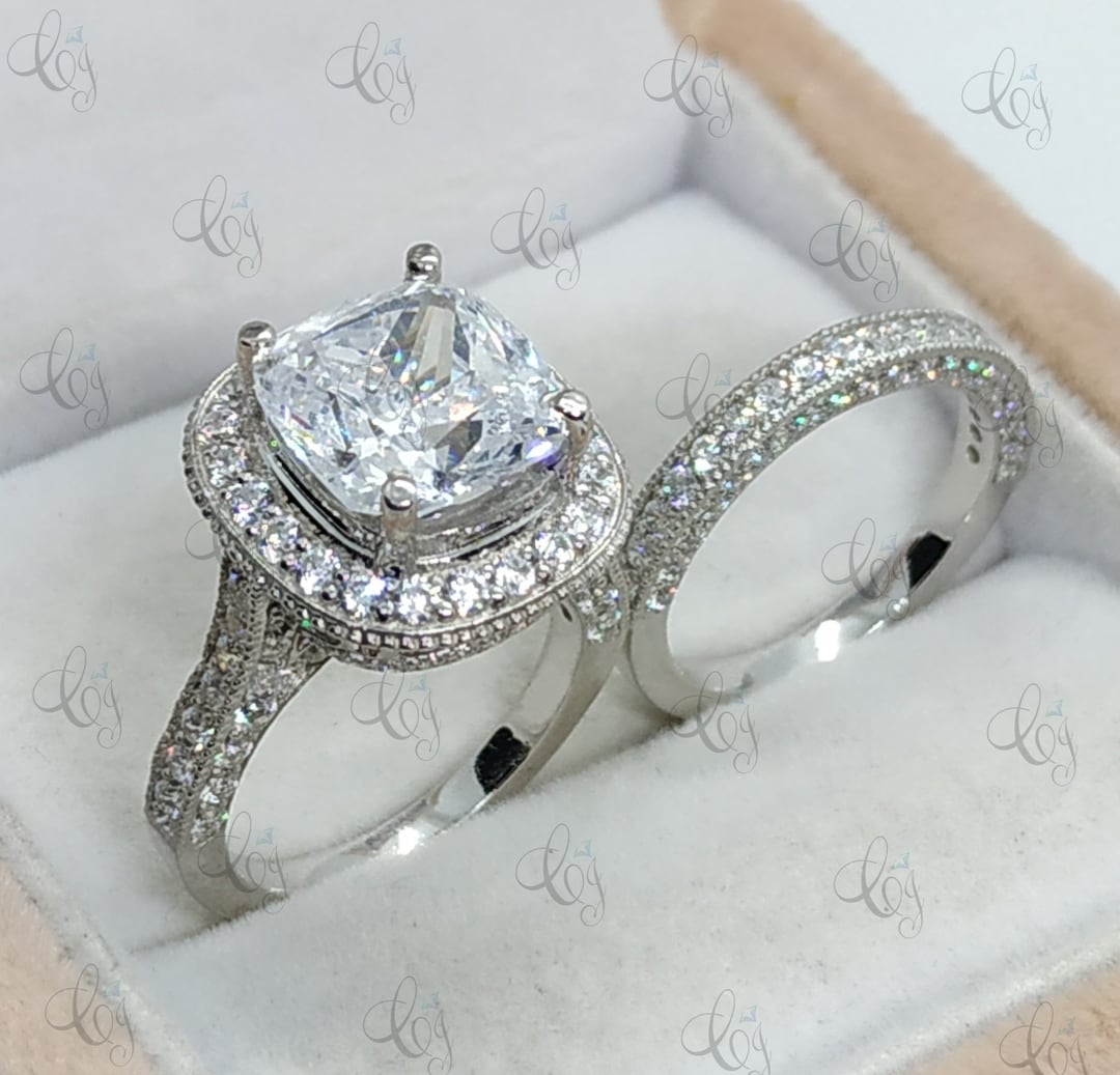 6.00 CT White Cushion Cut Solitaire Engagement Bridal With Matching ...